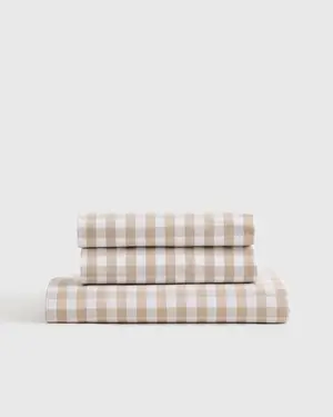 Quince Classic Organic Percale Gingham Fitted Sheet Set - Cafe