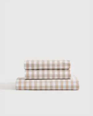Quince Organic Crisp Percale Gingham Fitted Sheet Set Cafe