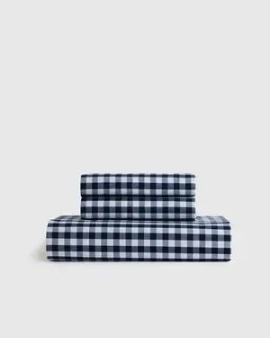 Quince Organic Crisp Percale Gingham Fitted Sheet Set - Navy