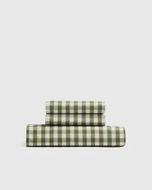 Quince Classic Organic Percale Gingham Fitted Sheet Set - Olive