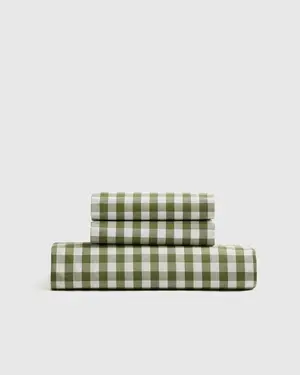 Quince Organic Crisp Percale Gingham Fitted Sheet Set Olive
