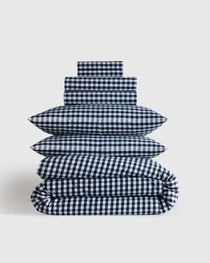 Quince Organic Crisp Percale Gingham Deluxe Bedding Bundle Navy