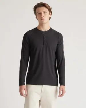 Quince Cotton Modal Long Sleeve Henley T-shirt - Black
