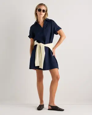 Quince 100% European Linen Popover Mini Dress - Deep Navy