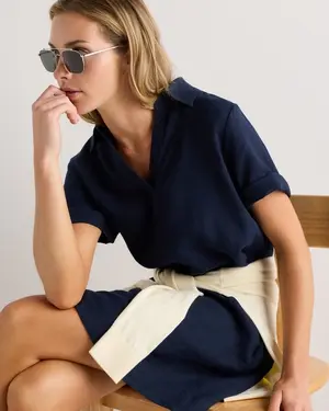 Quince 100% European Linen Popover Mini Dress - Deep Navy
