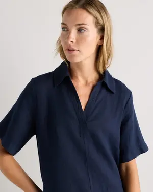Quince 100% European Linen Popover Mini Dress - Deep Navy