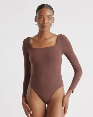 Quince Second Skin Square Neck Long Sleeve Bodysuit - Cocoa