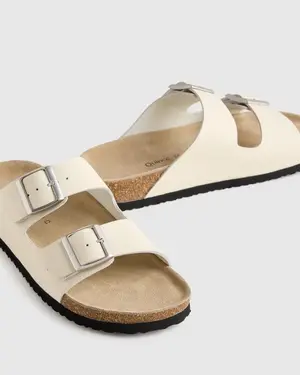 Quince Nappa Leather Double Buckle Slides - Bone