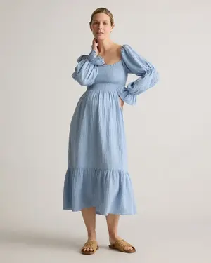 Quince Organic Cotton Gauze Maternity Smocked Midi Dress - Ocean Breeze