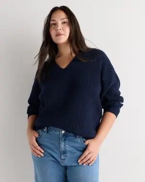 Quince Fisherman V-neck Sweater - Navy