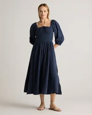 Quince Gauze Smocked Square Neck Midi Dress - Indigo Blue