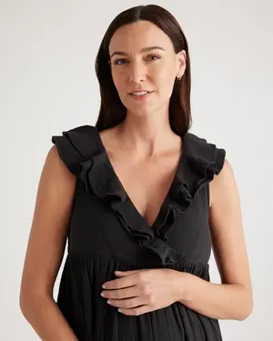 Quince Gauze Maternity Ruffle Front Dress