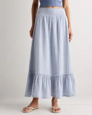 Quince Organic Cotton Gauze Smocked Maxi Skirt - Blue Gingham
