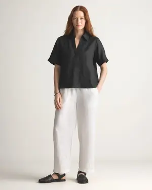 Quince 100% European Linen Short Sleeve Popover Top - Black