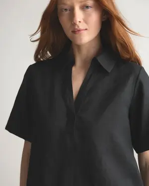 Quince 100% European Linen Short Sleeve Popover Top - Black