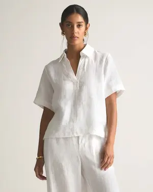 Quince Linen Popover Top - White