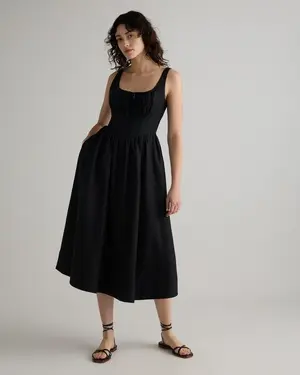 Quince Corset Midi Dress In 100% European Linen - Black
