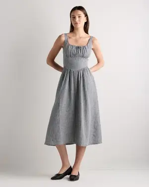 Quince 100% European Linen Corset Midi Dress - Classic Mini Gingham
