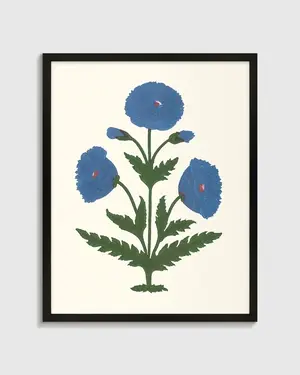 Quince Blue Mughal Poppy Antique Print, Wood Frame - Black