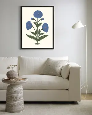 Quince Blue Mughal Poppy Antique Print, Wood Frame - Black