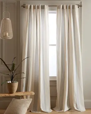 Quince Coastal Stripe Linen Cotton Curtain Single Panel - Ivory/fog