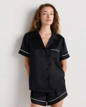 Quince Women's Satin Short Sleeve Pajama Top Black