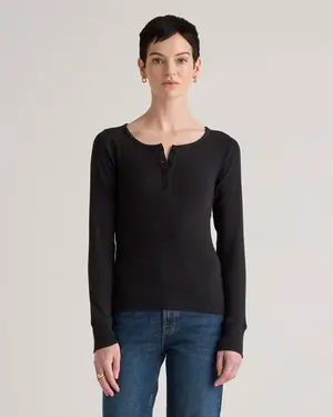 Quince Micro-rib Henley Long Sleeve T-shirt - Black