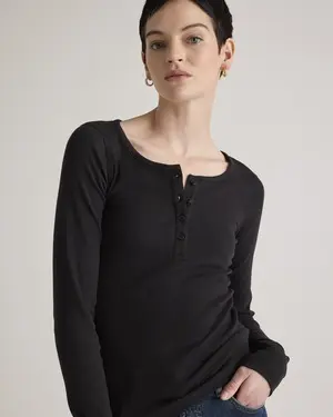 Quince Micro-rib Henley Long Sleeve T-shirt - Black