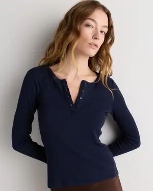 Quince Micro-rib Henley Long Sleeve T-shirt - Deep Navy