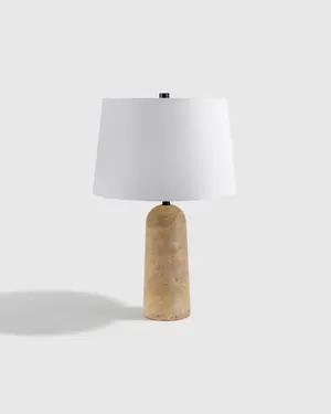 Quince Travertine Table Lamp With Drum Shade - Beige