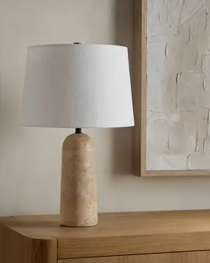 Quince Travertine Table Lamp With Drum Shade