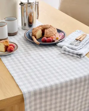 Quince European Linen Gingham Table Runner - Blue Fog