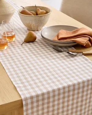 Quince European Linen Gingham Table Runner - Cafe