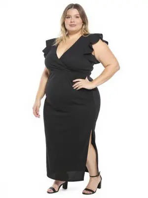 24SEVEN COMFORT APPAREL Solid V-neck Tulip Hem Maxi Dress - Black