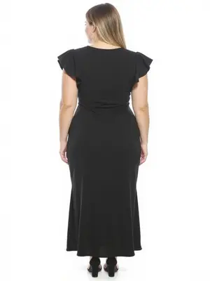 24SEVEN COMFORT APPAREL Solid V-neck Tulip Hem Maxi Dress - Black