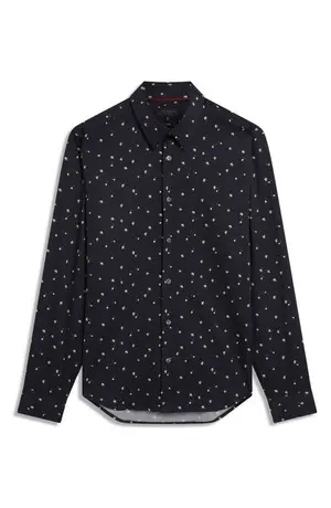 Ted Baker London Iskran Floral Print Stretch Cotton Button-up Shirt - Navy