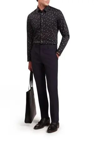 Ted Baker London Iskran Floral Print Stretch Cotton Button-up Shirt - Navy