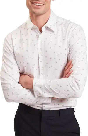 Ted Baker London Iskran Floral Print Stretch Cotton Button-up Shirt - White