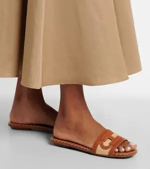 Hogan Leather-trimmed Raffia Slides
