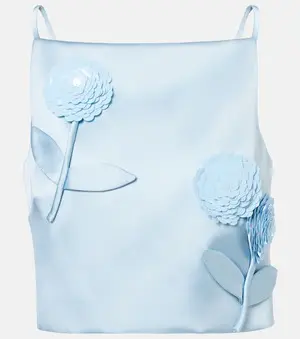 SELF-PORTRAIT Floral-appliqué Sequined Cropped Satin Top - Blue