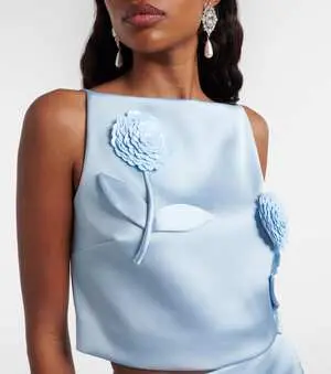 SELF-PORTRAIT Floral-appliqué Sequined Cropped Satin Top