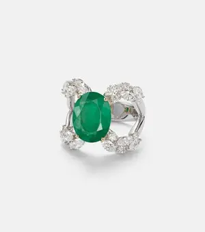 Yeprem 18kt White Gold Ring With Emerald And Diamonds