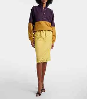 Saint Laurent Lace-trimmed Cotton And Silk Midi Skirt - Yellow
