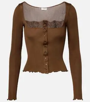 Saint Laurent Lace-trimmed Ribbed Silk Jersey Top - Brown