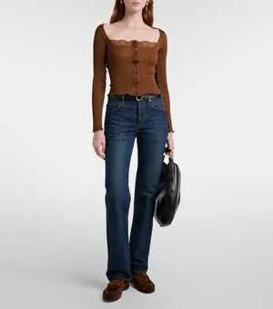 Saint Laurent Lace-trimmed Ribbed Silk Jersey Top - Brown