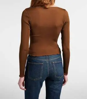 Saint Laurent Lace-trimmed Ribbed Silk Jersey Top - Brown
