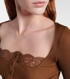 Saint Laurent Lace-trimmed Ribbed Silk Jersey Top - Brown