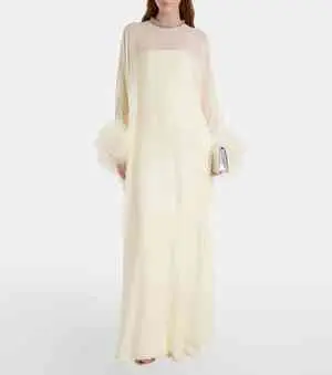 Roland Mouret Feather-trimmed Caped Silk Chiffon Gown