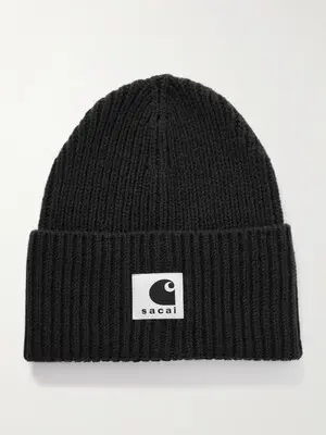 Sacai X Carhartt Wip Ribbed Wool-blend Beanie - Black