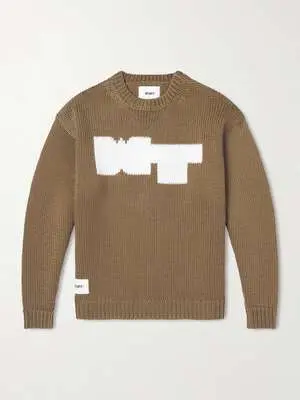 WTAPS Logo-Intarsia Ribbed-Knit Sweater Beige